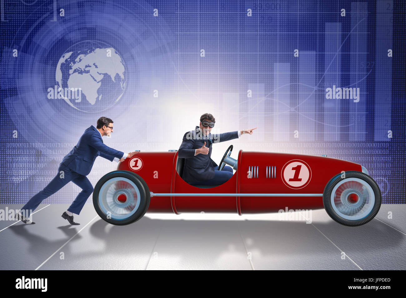 Businessman car pushing in teamwork concept Stock Photo - Alamy