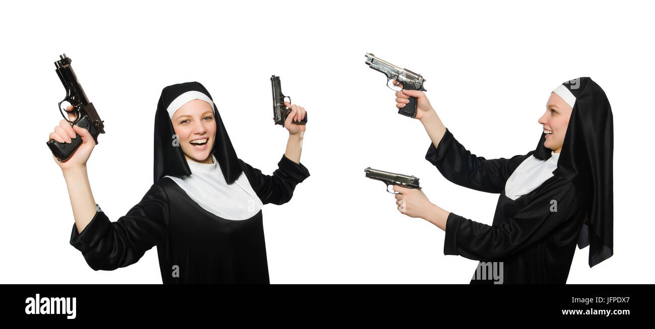 Nun with handgun isolated on white Stock Photo - Alamy