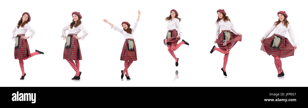 Pretty girl in plaid red clothing isolated on white Stock Photo - Alamy