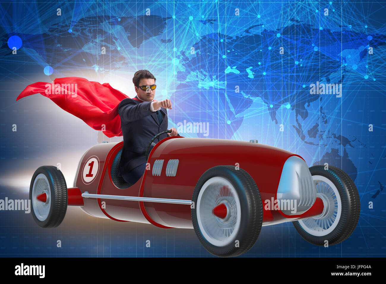 Superhero businessman driving vintage roadster Stock Photo - Alamy