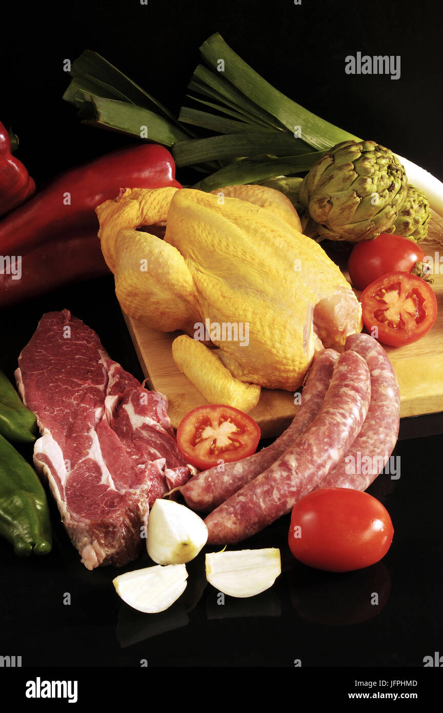 vegetables and meat with chicken and beef, with black background Stock ...