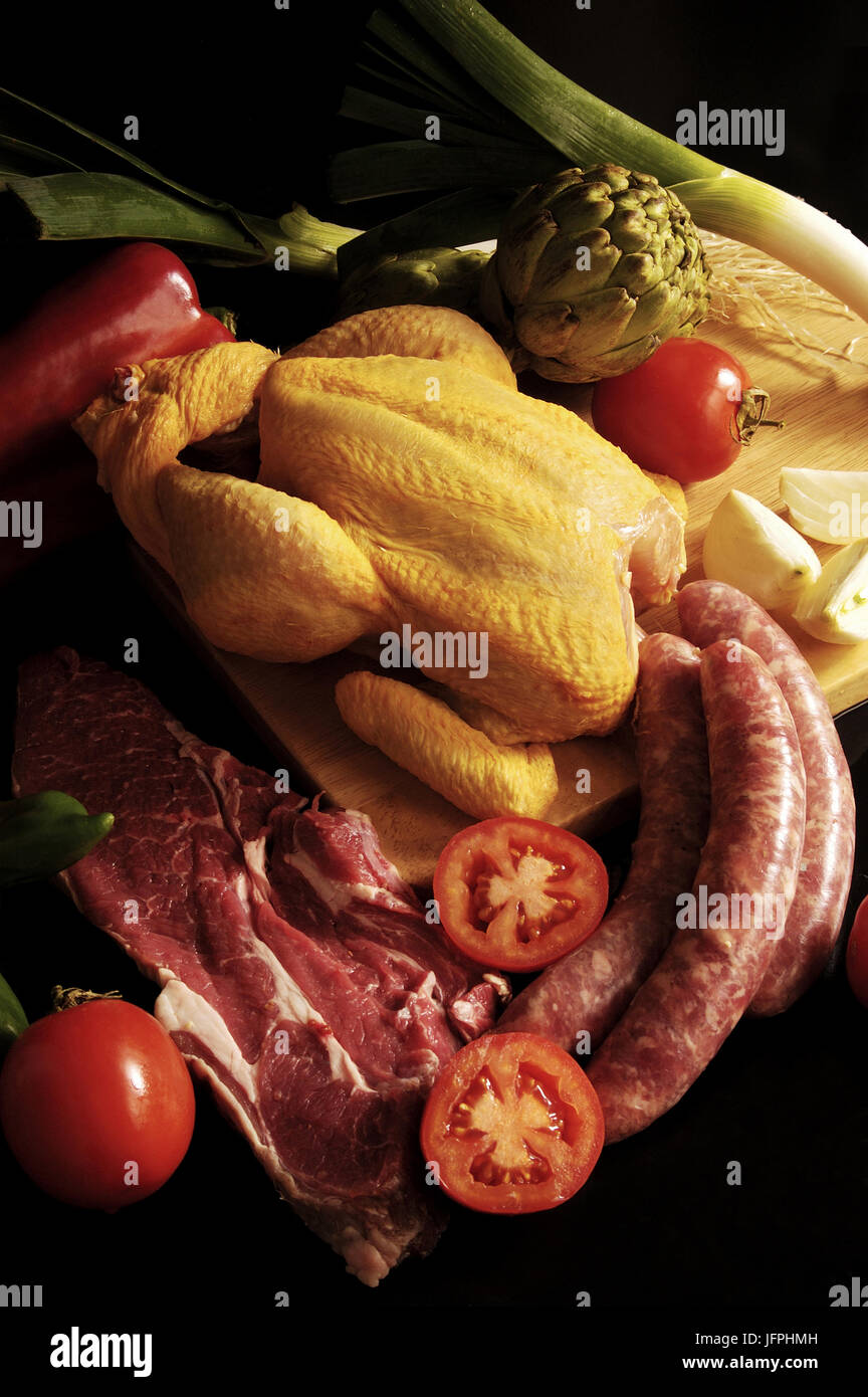 vegetables and meat with chicken and beef, with black background Stock ...