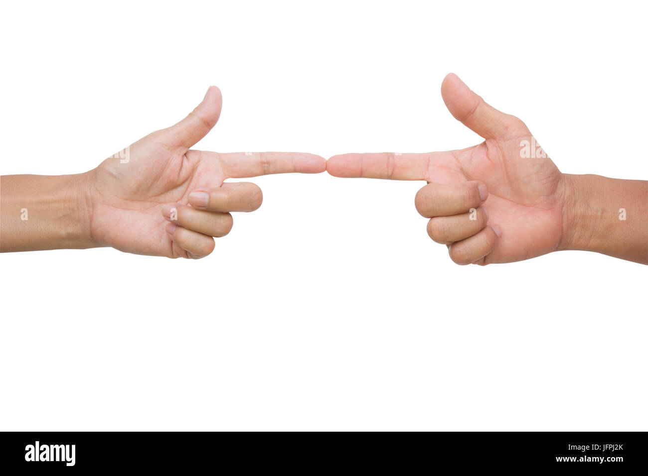 Woman point finger opposite dimension isolated on white background ...