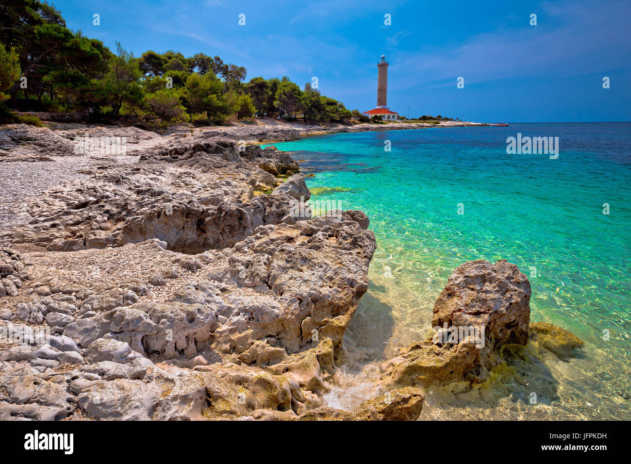 Veli Rat lighthouse and turquoise beach view, Dugi Otok island ...