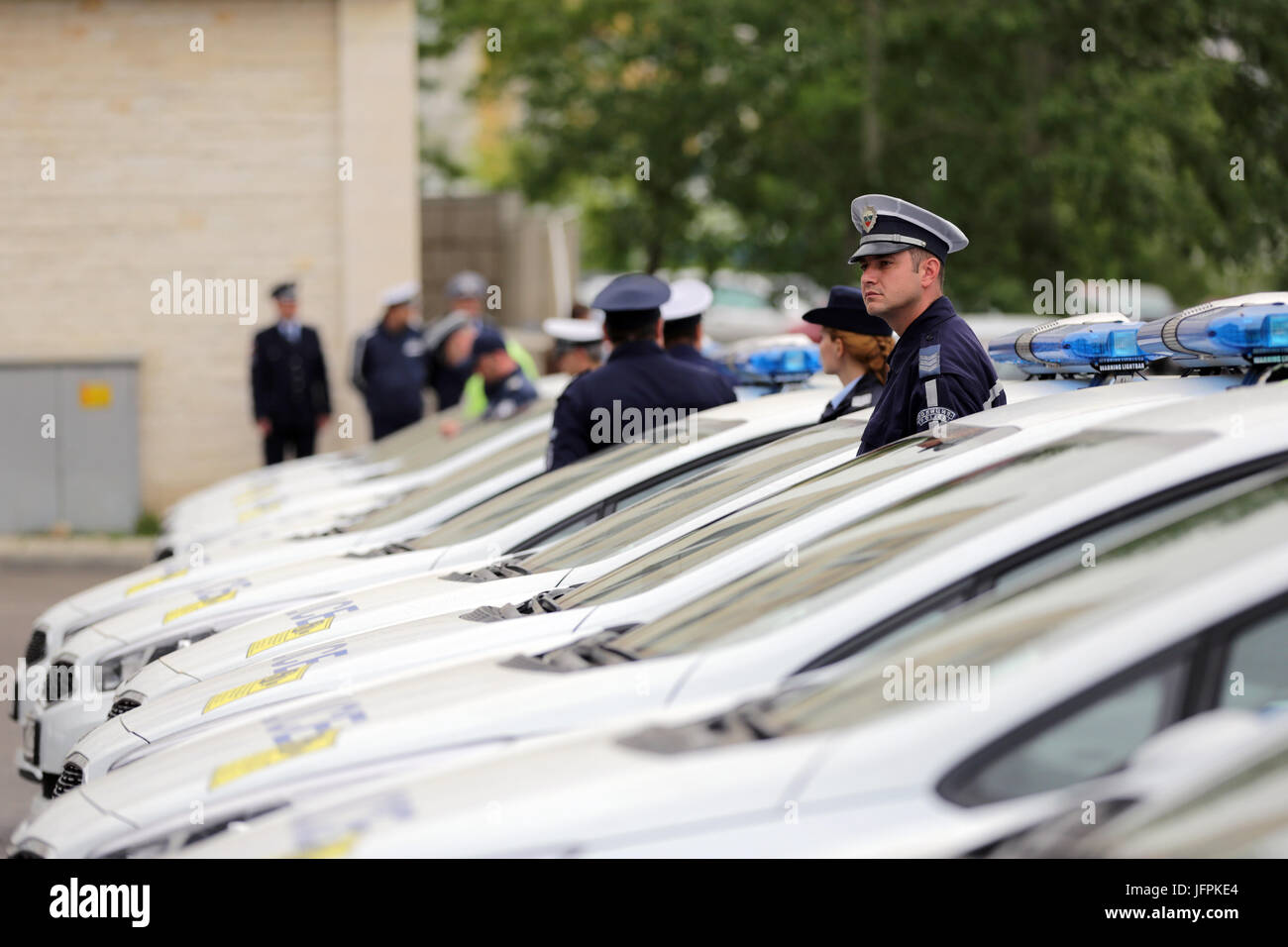 Sofia, Bulgaria - 12 May 2017: Police officers stand beside their new ...
