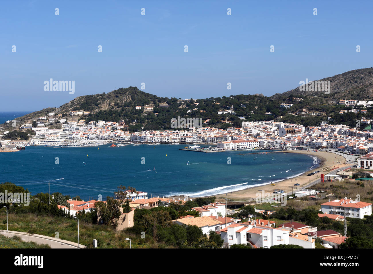 Elevated view of the village of Port de la Selva, Girona province ...
