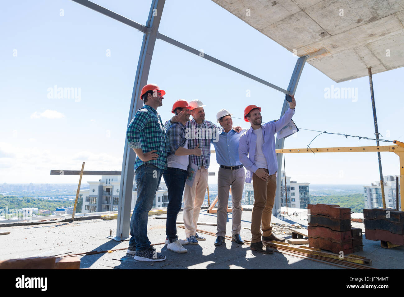Team Of Builders Happy Smiling Take Selfie Photo During Meeting With ...