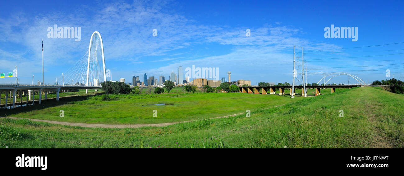 Panoramic view of downtown Dallas, Hunt-Hill bridge (L), railroad ...