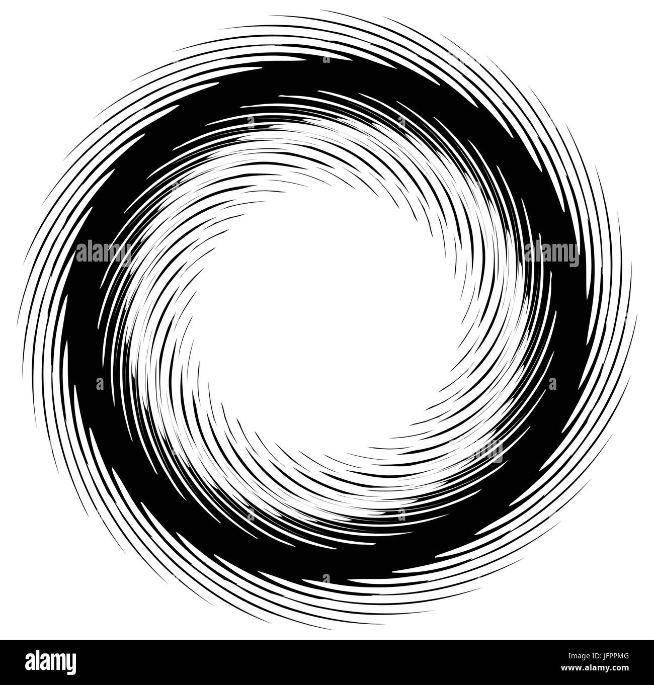 Abstract monochrome spiral design. Radial lines with rotating distortion. Geometric black and ...