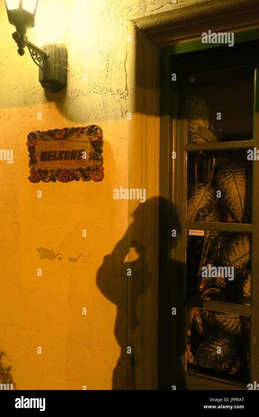 lamp-lit, carved wood "Welcome" sign with photographer's shadow Stock ...