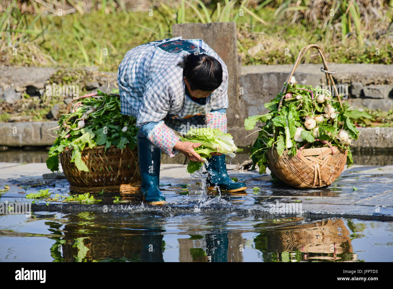 Washing vegetables in the ancient village of Xidi, Anhui, China Stock ...
