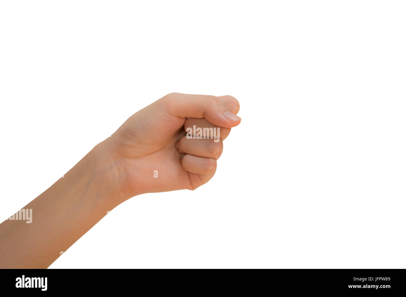 Hand, clenched hand of woman isolated on white background with clipping ...