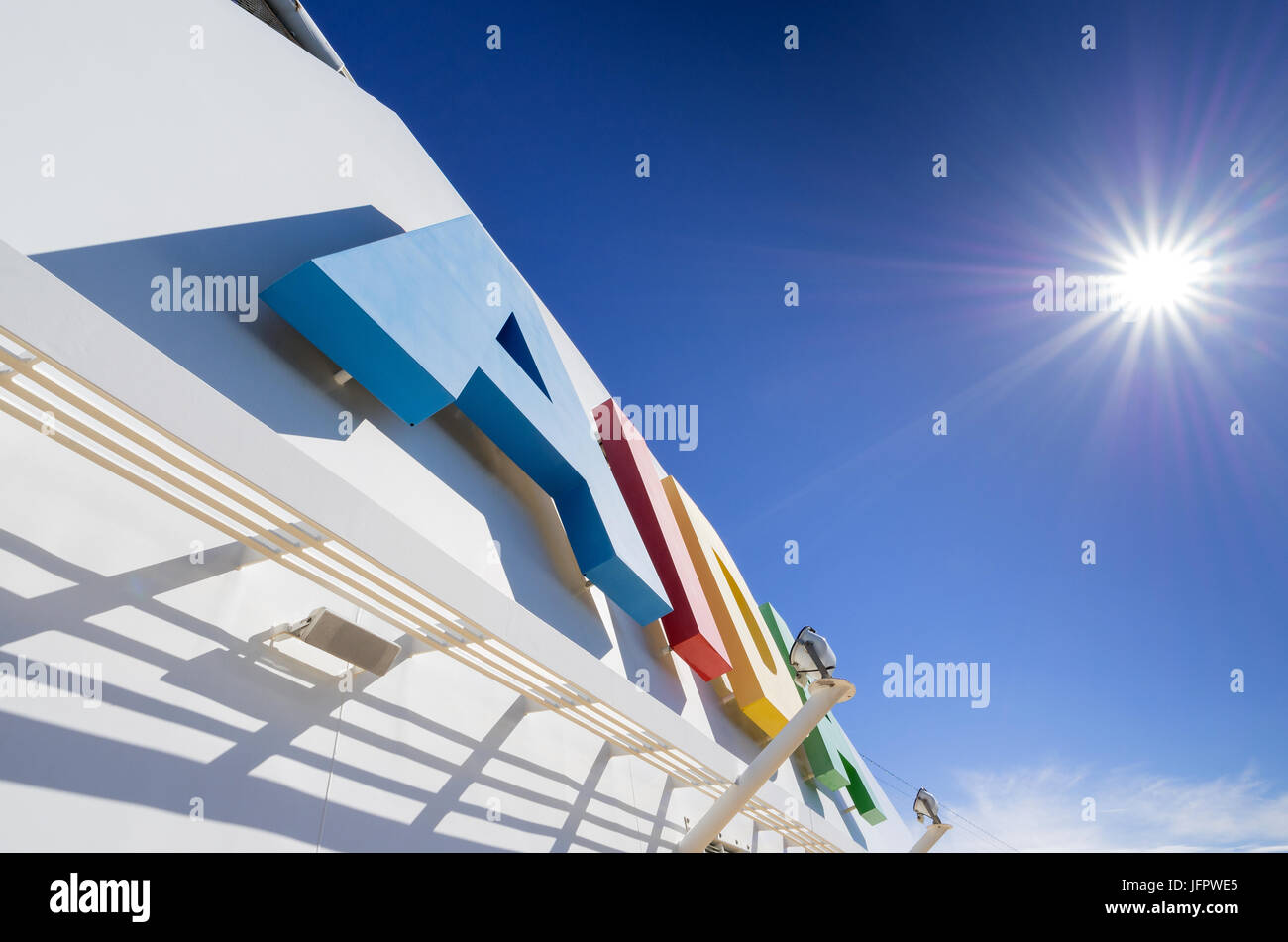 AIDA logo at the funnel of cruise ship AIDAsol. AIDA Cruises is one of ...