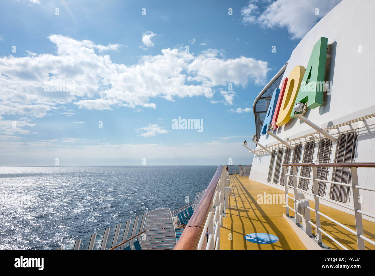 AIDA logo at the funnel of cruise ship AIDAsol. AIDA Cruises is one of ...