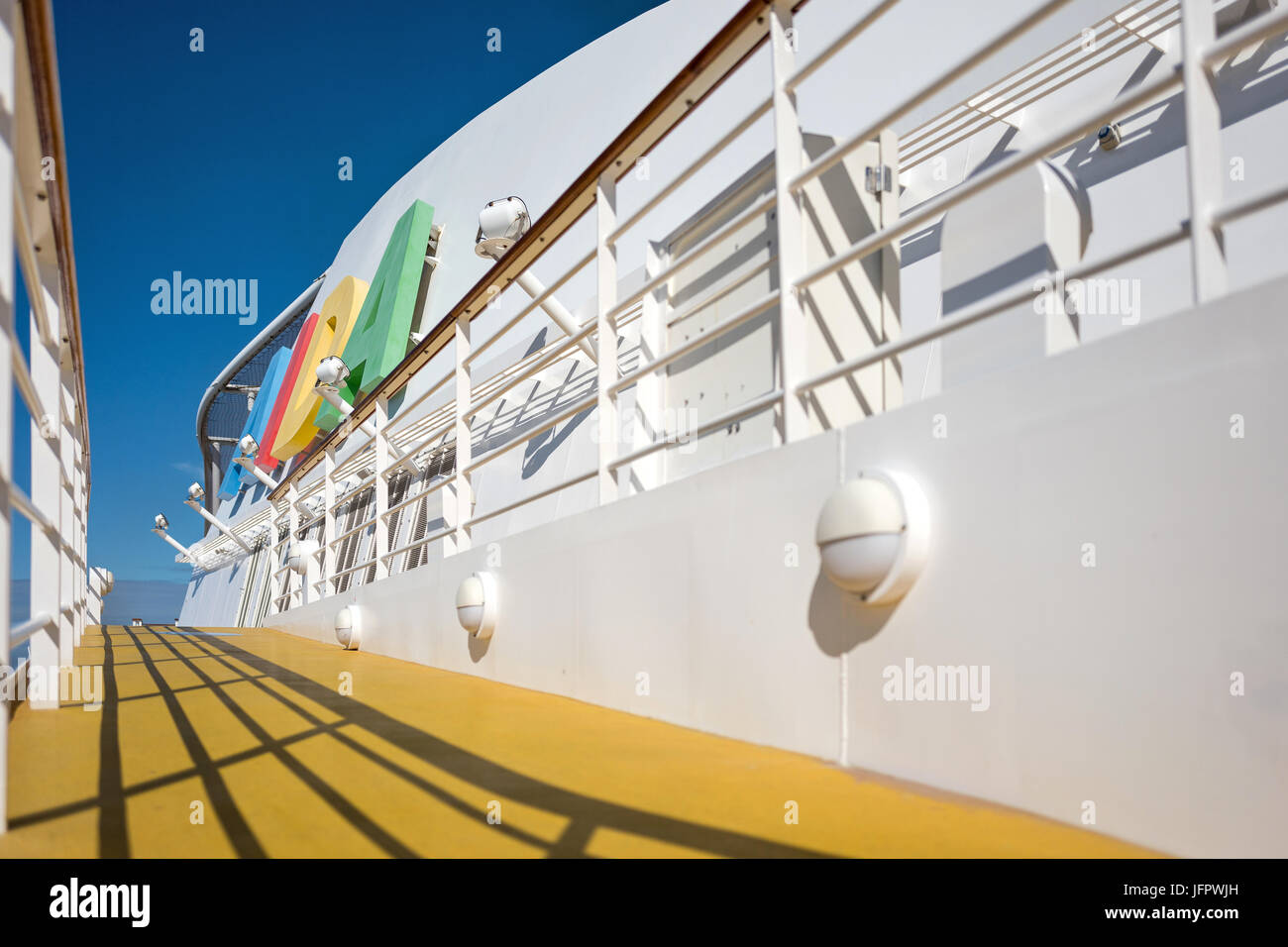 AIDA logo at the funnel of cruise ship AIDAsol. AIDA Cruises is one of ...