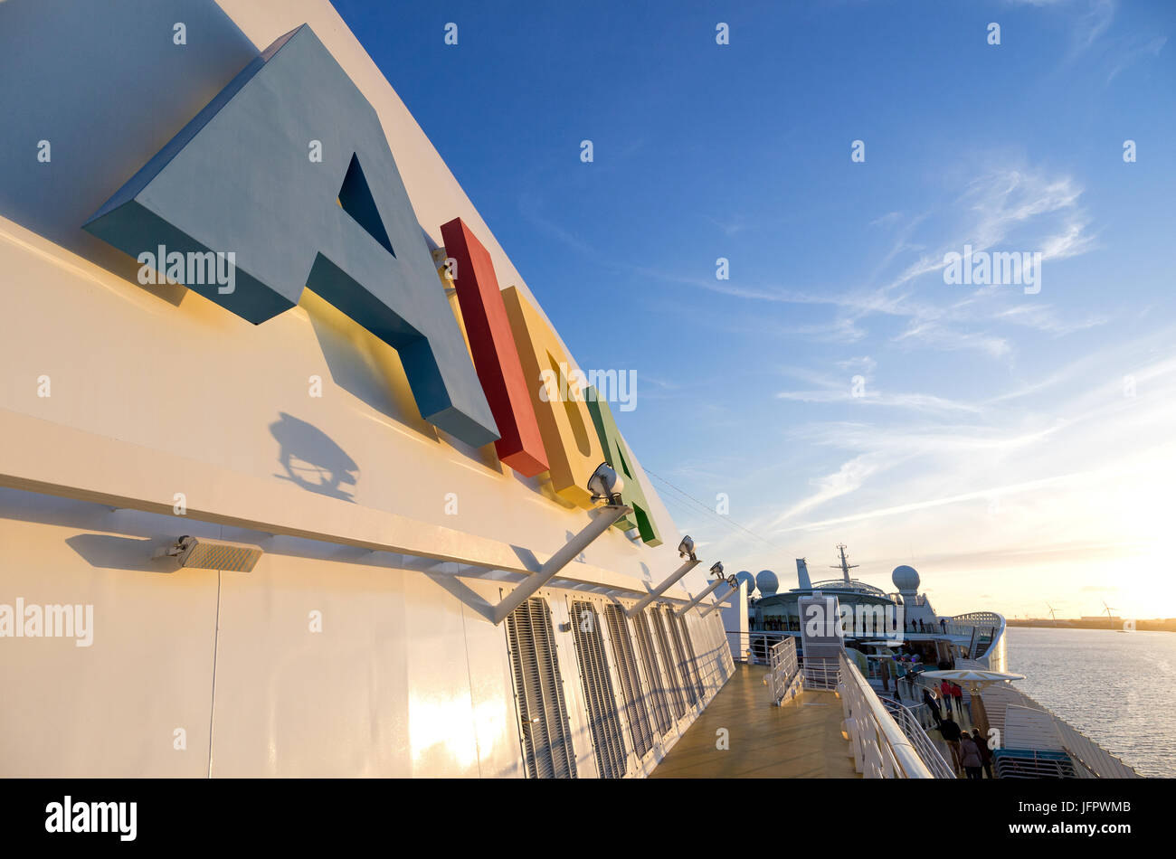 AIDA logo at the funnel of cruise ship AIDAsol. AIDA Cruises is one of ...