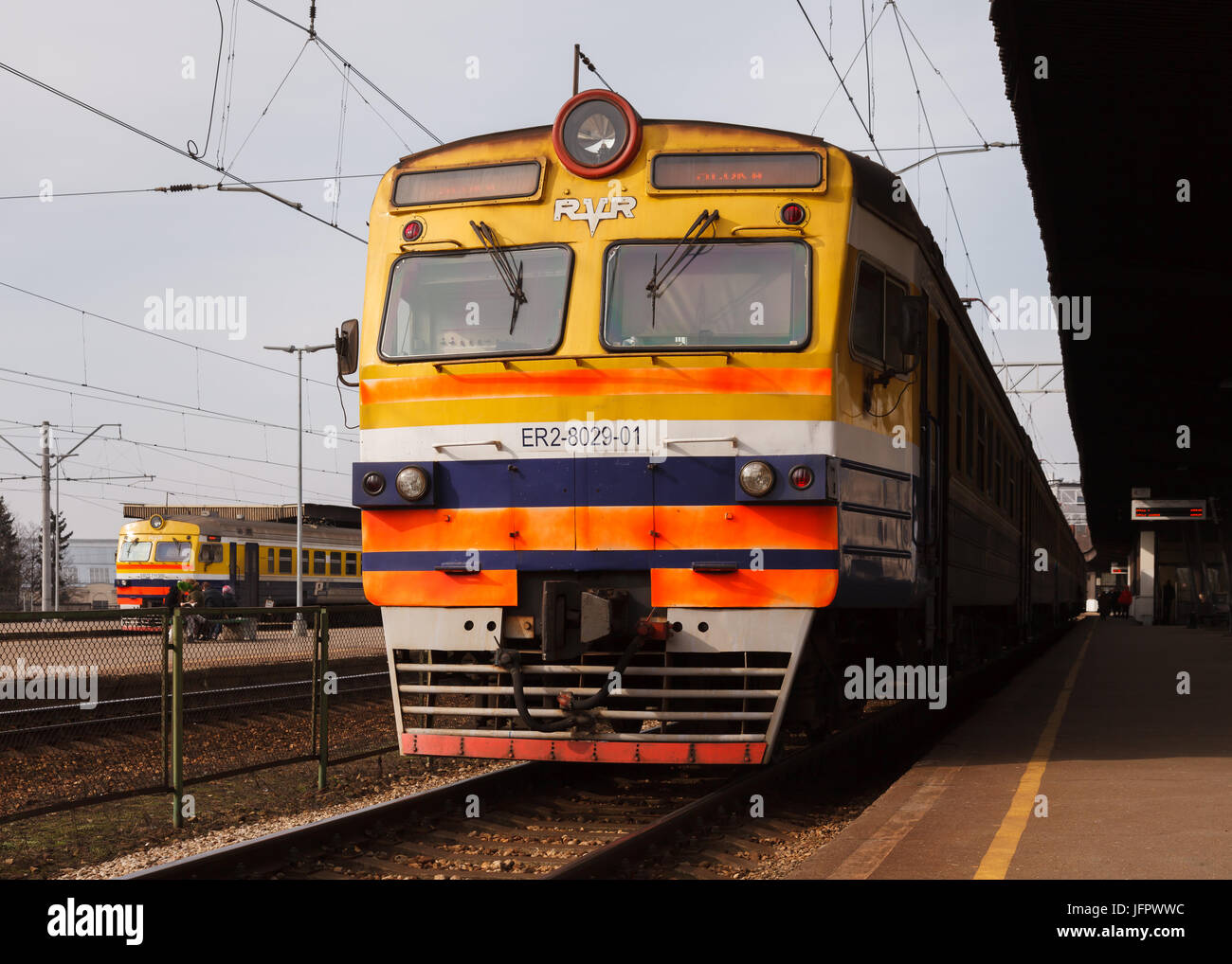 A Latvian railways train prepares to depart Riga station in Latvia ...