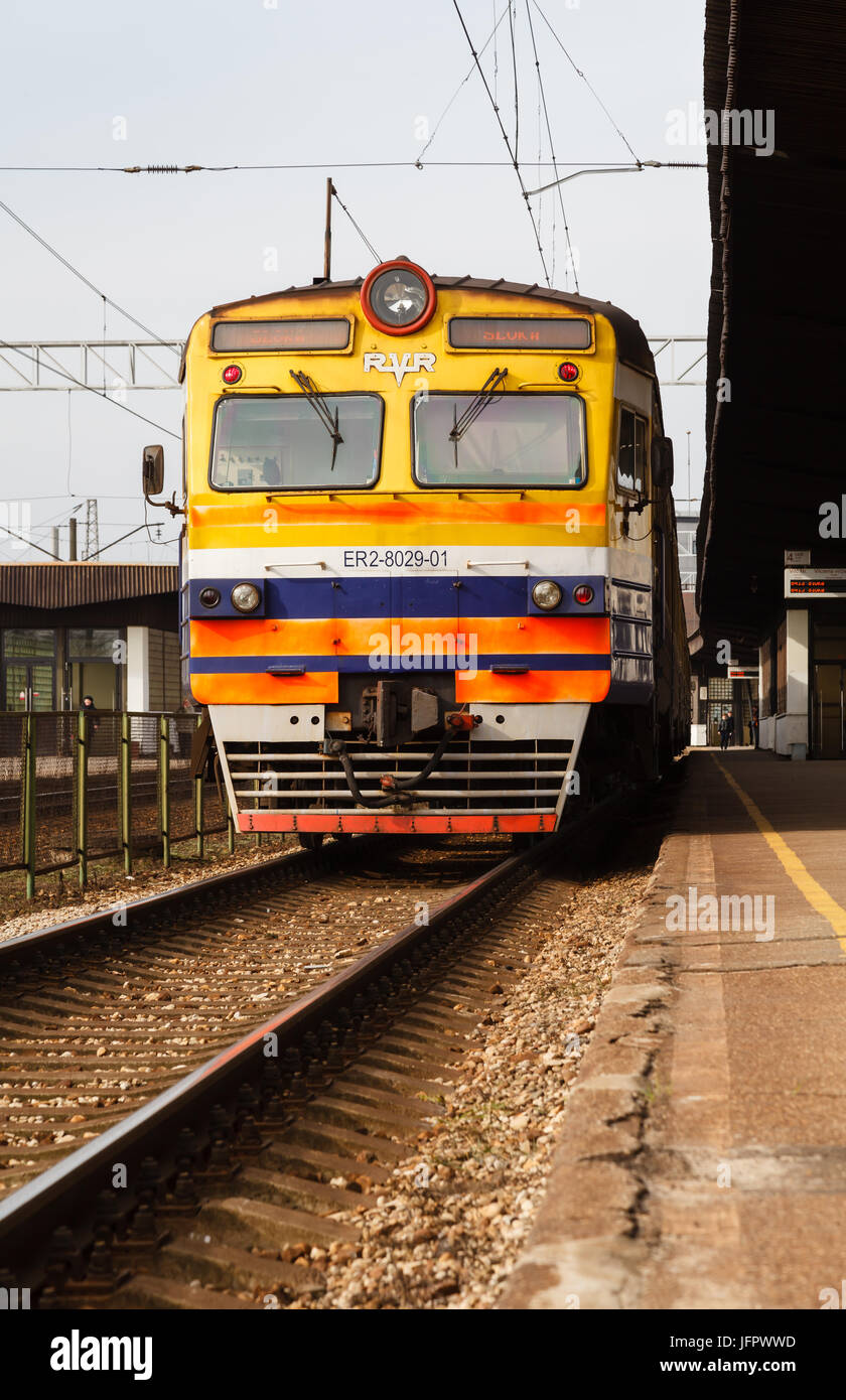 A Latvian railways train prepares to depart Riga station in Latvia ...