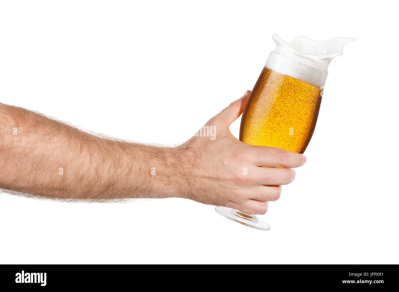hand with glass of splashing beer isolated on white background. Male ...