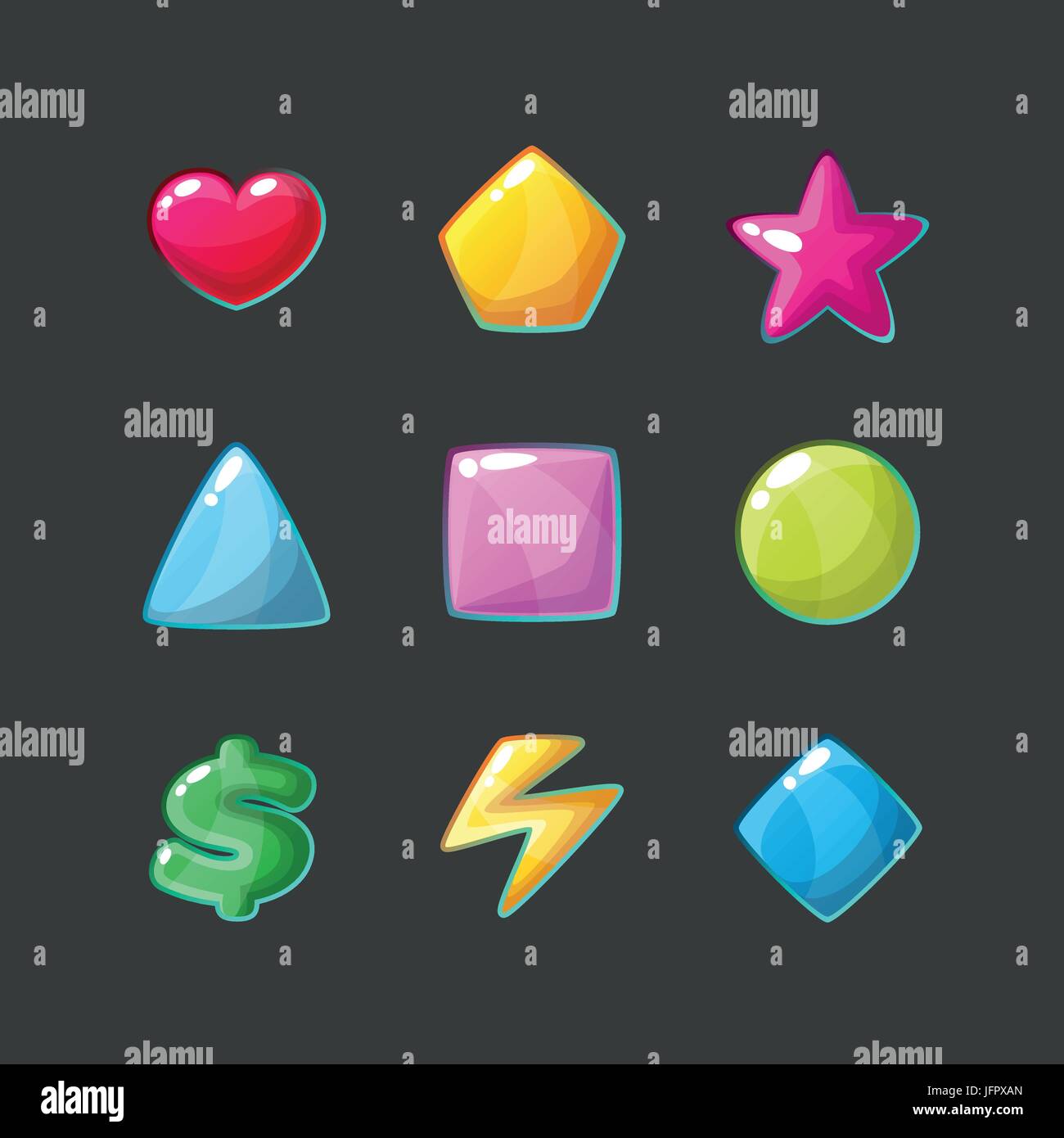 Colorful glossy shapes icons set , isolated vector game assets Stock ...