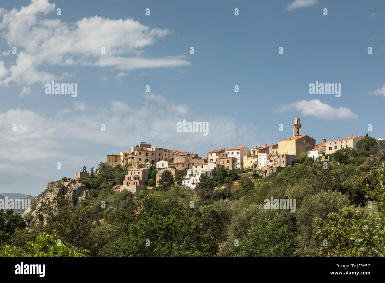 Houses and church tower in the mountain village of Montemaggiore in the ...