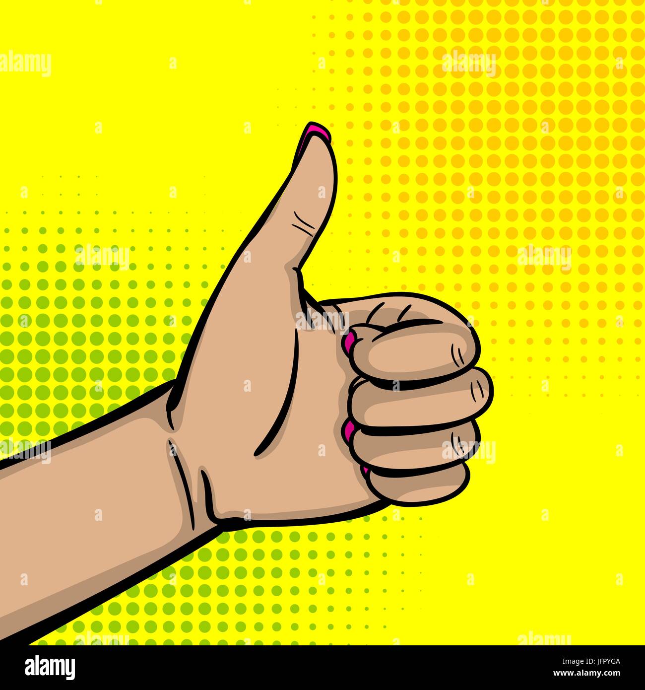 Pop art comic text cartoon cool woman knuckle hand show finger thumb up ...