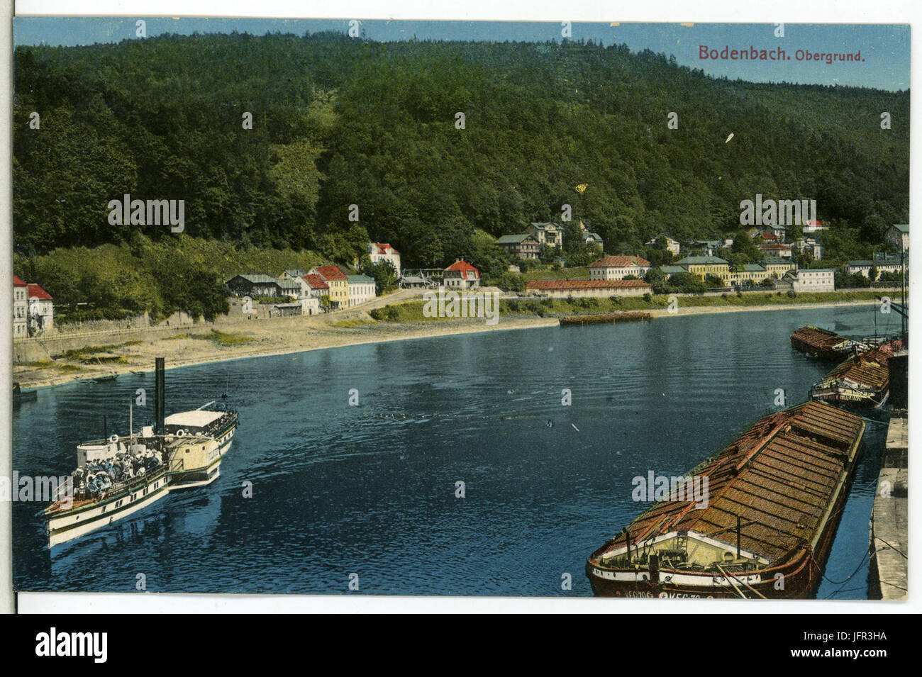 13477-Bodenbach-1911-Obergrund - Elbe mit Dampfer und Schleppkähnen ...