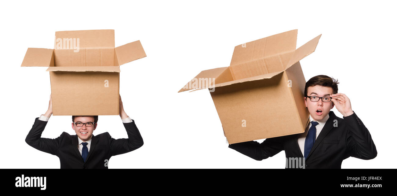 Funny man with boxes isolated on white Stock Photo - Alamy
