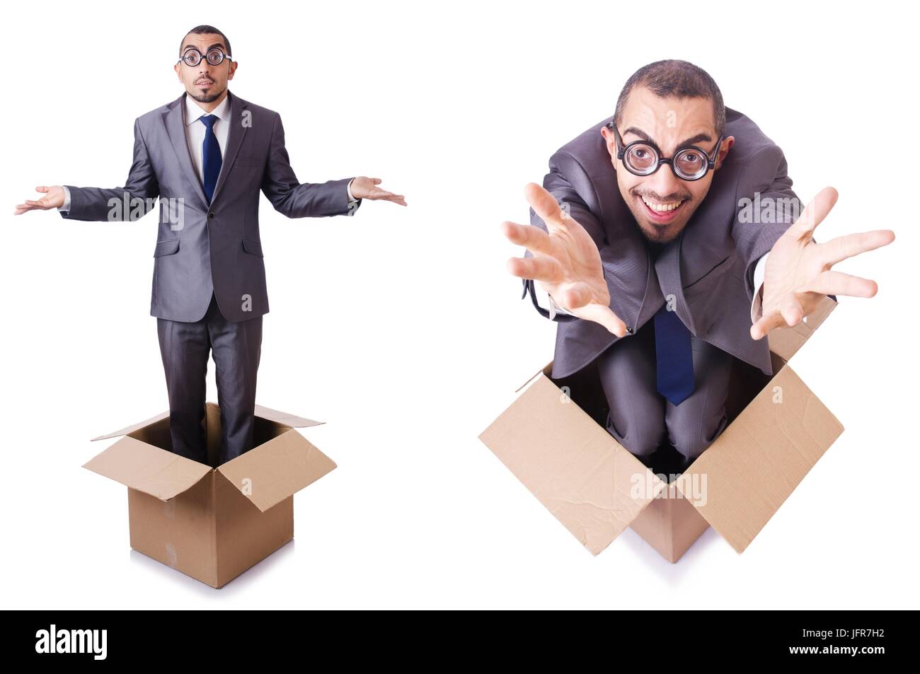 The man in thinking outside the box concept Stock Photo - Alamy