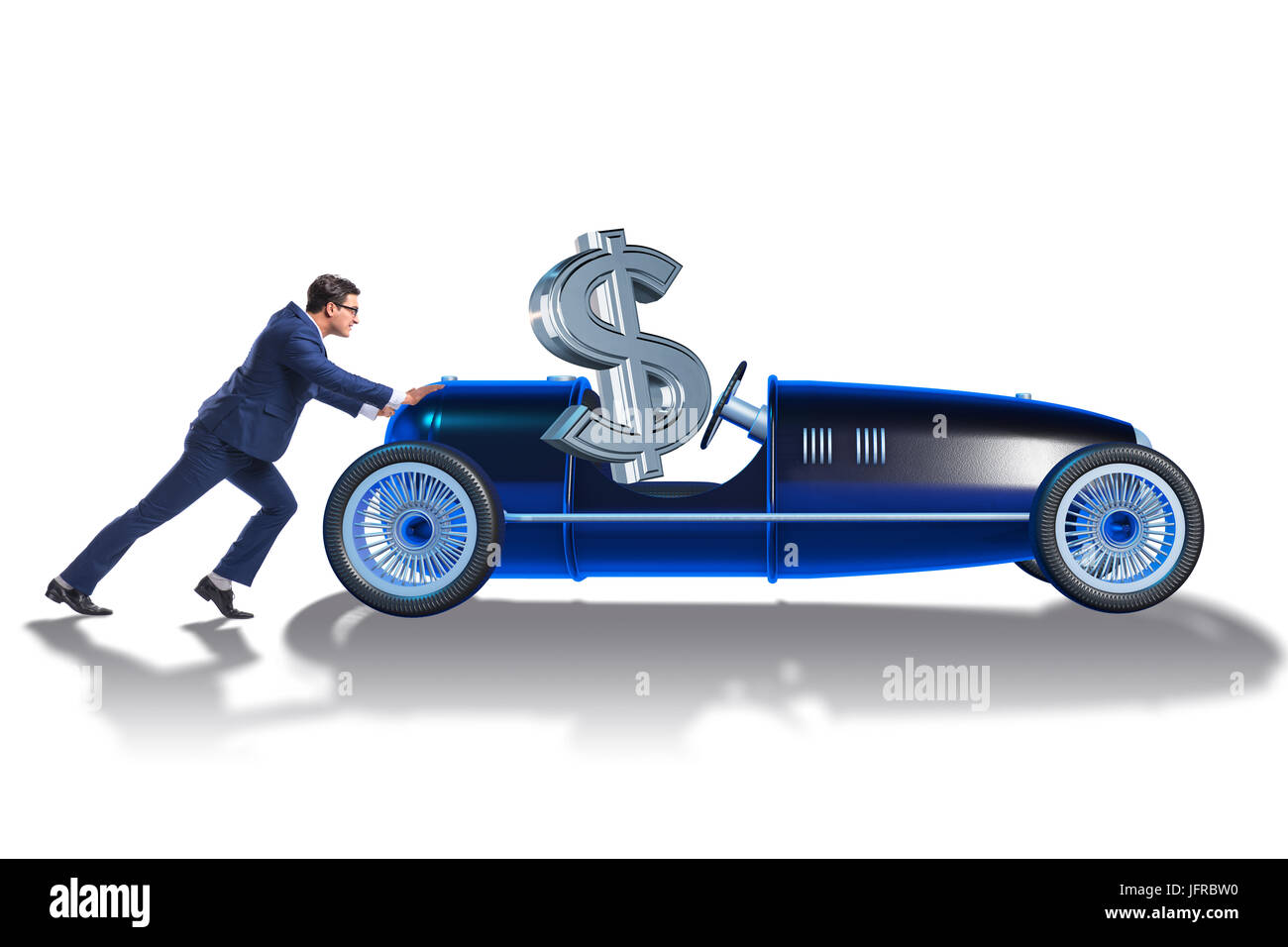 The businessman pushing car with dollar in driving seat Stock Photo - Alamy