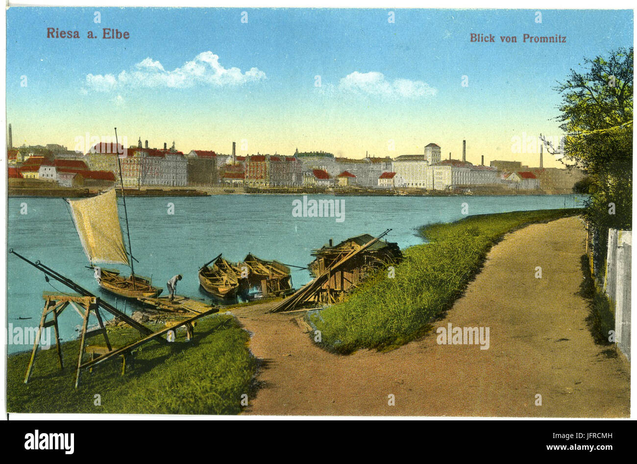 19392-Riesa-1915-Blick von Promnitz auf Riesa - Elbe mit Booten-Brück ...