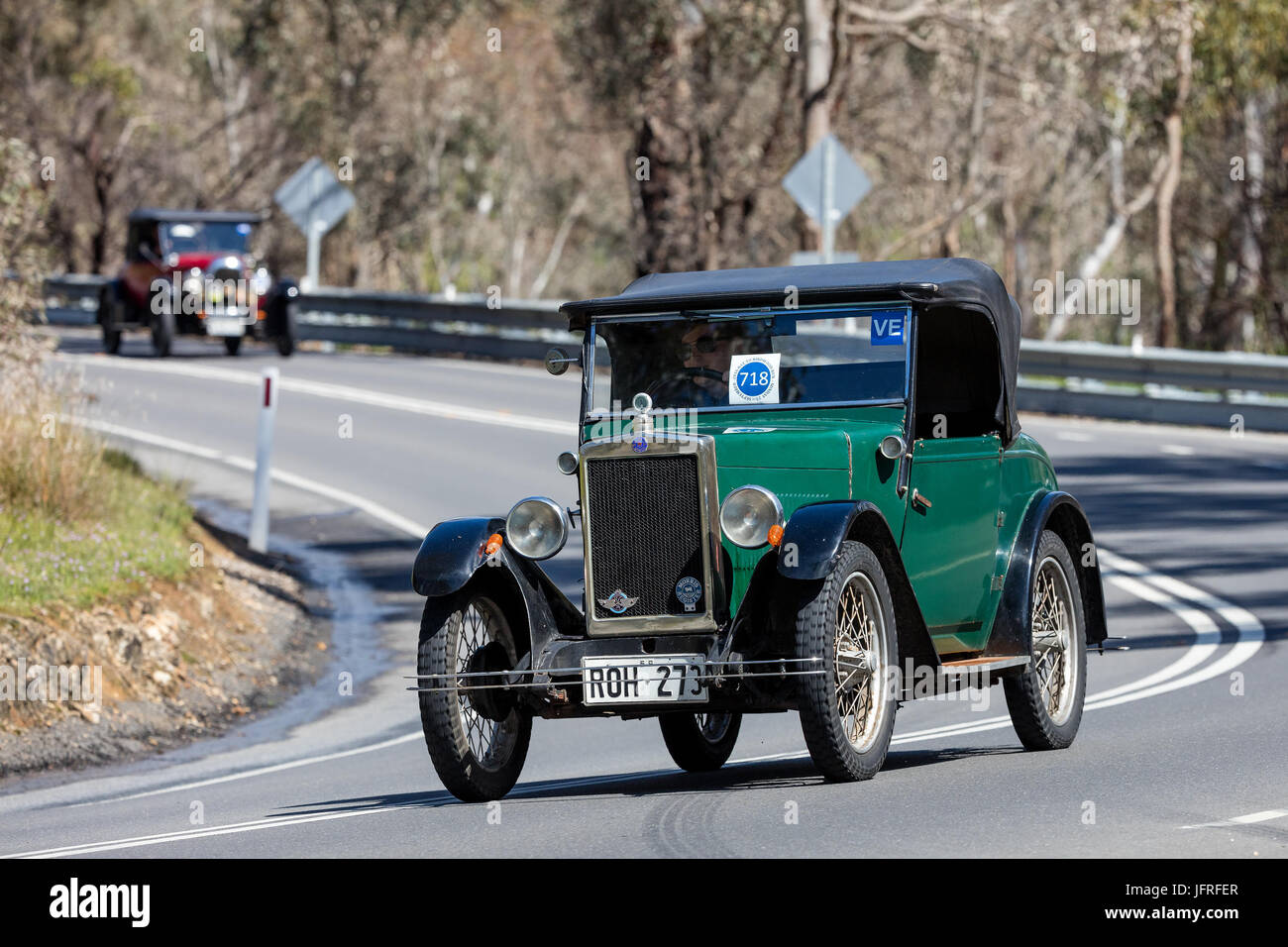 Vintage 1929 Morris Cammy Minor Roadster driving on country roads near ...