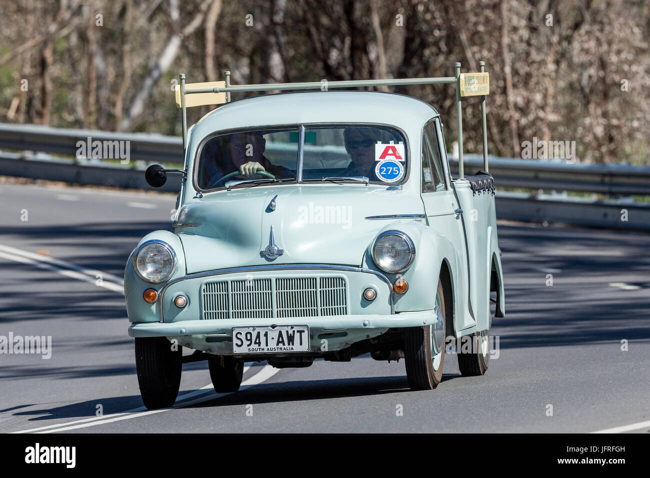 Vintage 1953 Morris Minor Utility (Ute) driving on country roads near ...