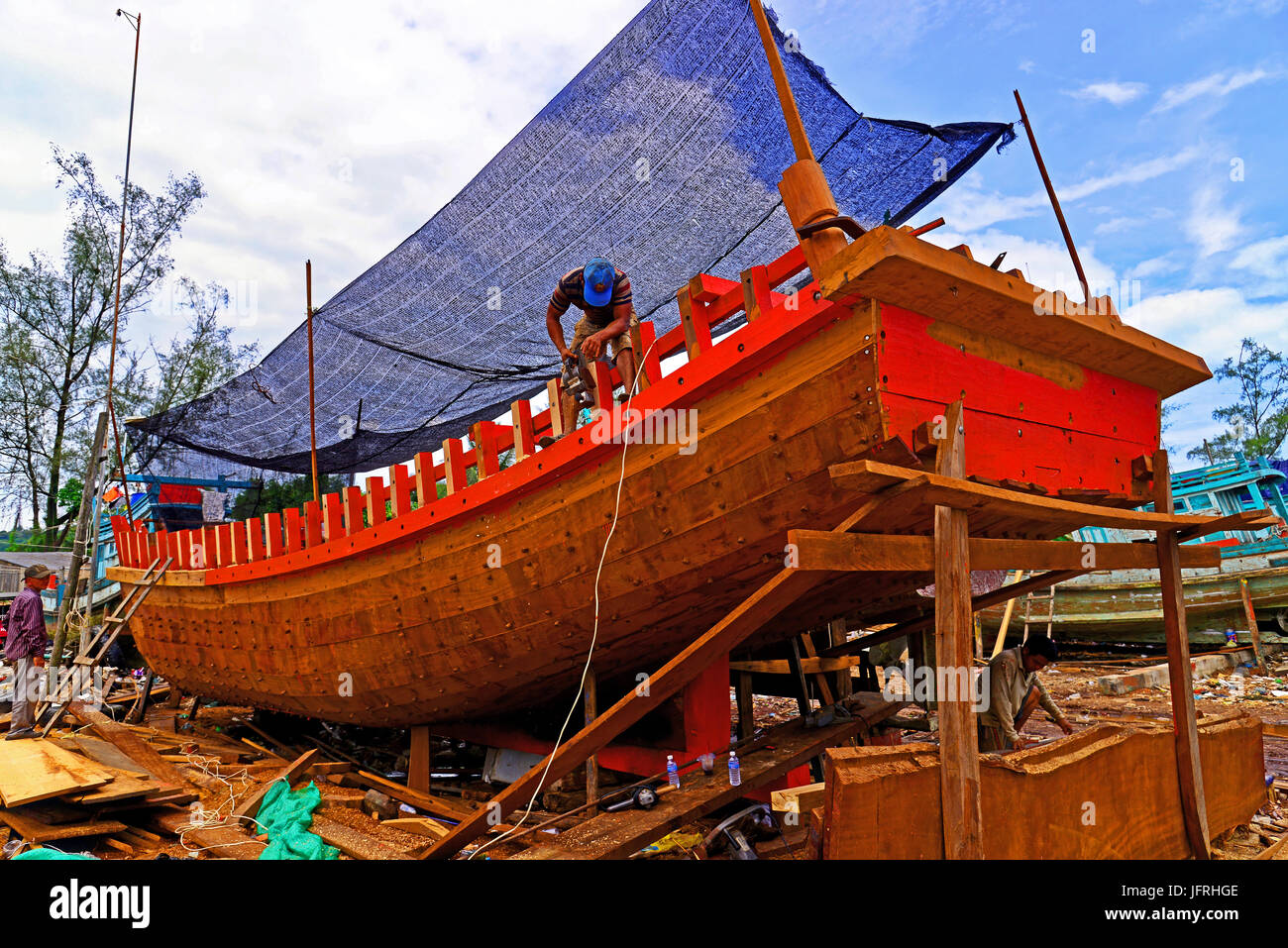 Cambodia Sihanoukville traditional wooden build Asian fishing boats ...