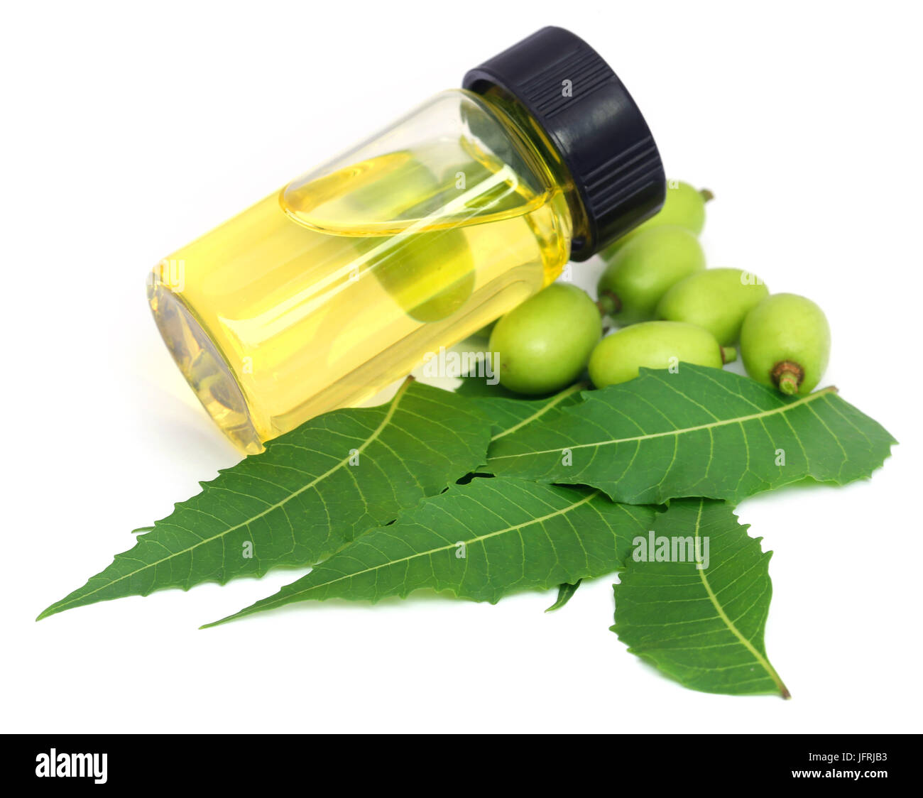 Medicinal neem leaves with essential oil over white background Stock ...