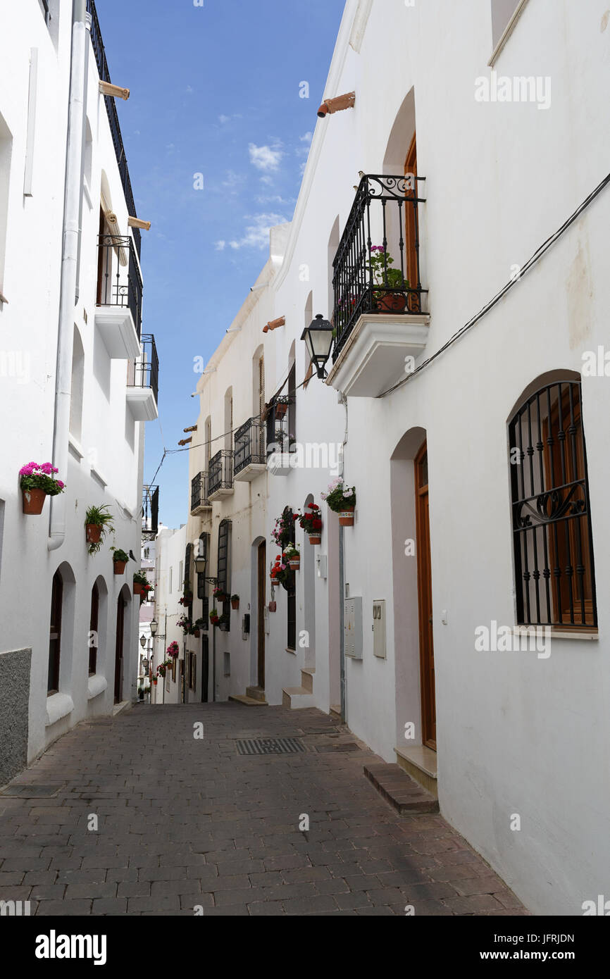 Mojacar, typical narrow street in Old town, Almeria province, Andalusia ...