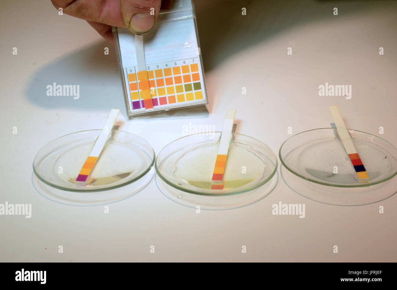 Universal indicator strips for pH value are shown in use on an alcaline ...
