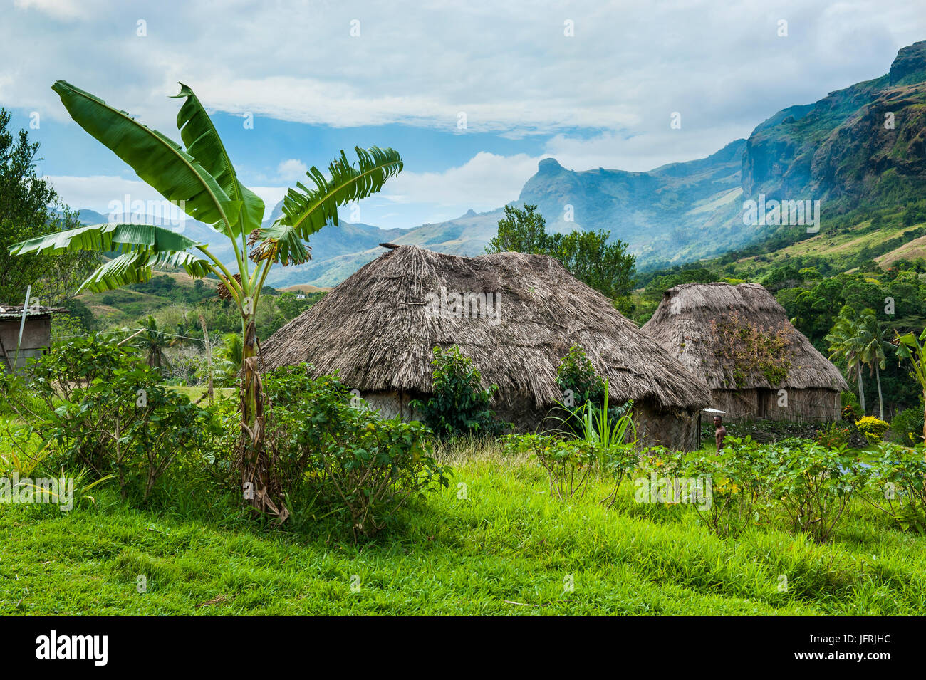 Traditional thached roofed huts in Navala in the Ba Highlands of Viti ...