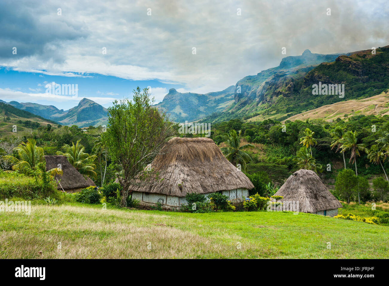 Traditional thached roofed huts in Navala in the Ba Highlands of Viti ...