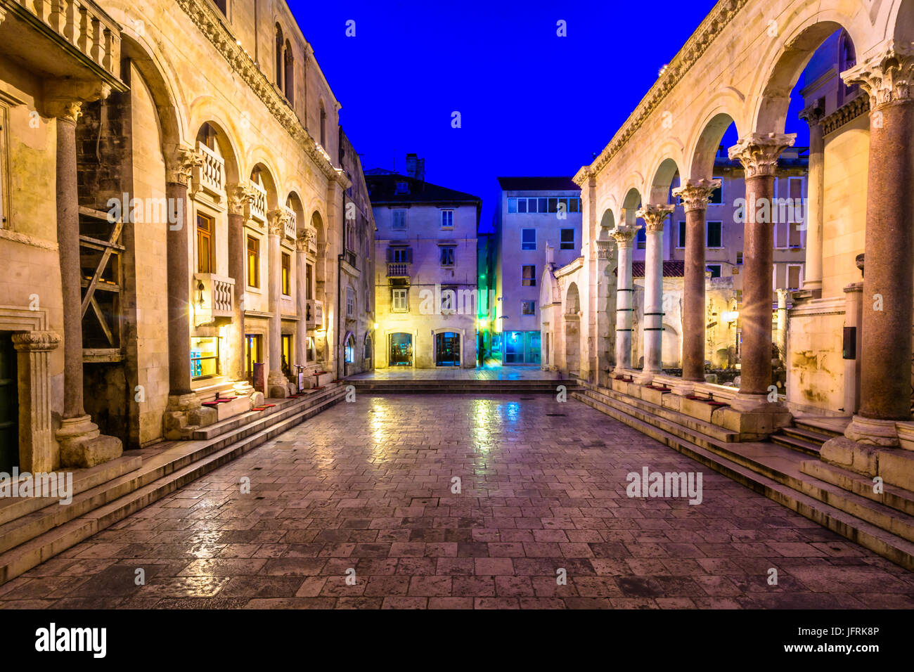 Night view at Periistil old roman square in Split town, Croatia Stock ...