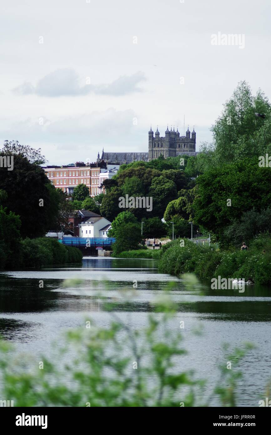 Exeter Ship Canal, Looking north towards Exeter Cathedral. Devon, UK ...