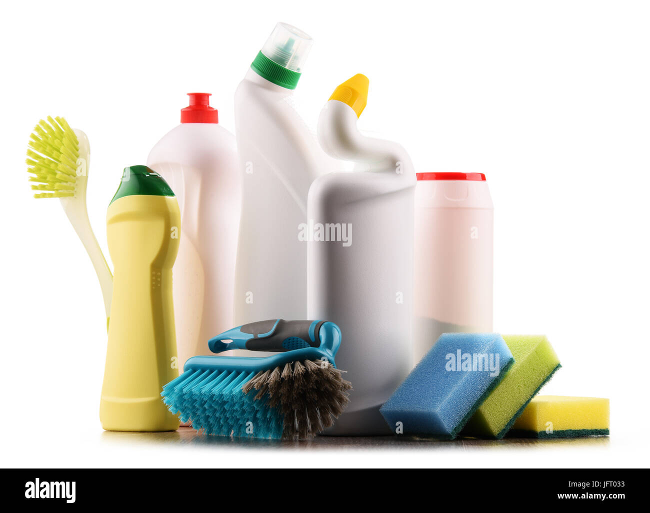 Chemical cleaning supplies isolated on white Stock Photo - Alamy