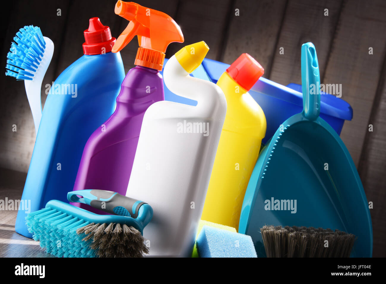 Variety of detergent bottles and chemical cleaning supplies Stock Photo ...