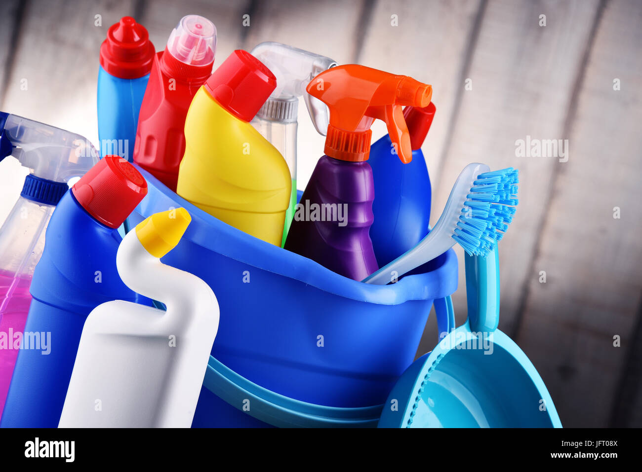 Variety of detergent bottles and chemical cleaning supplies Stock Photo ...
