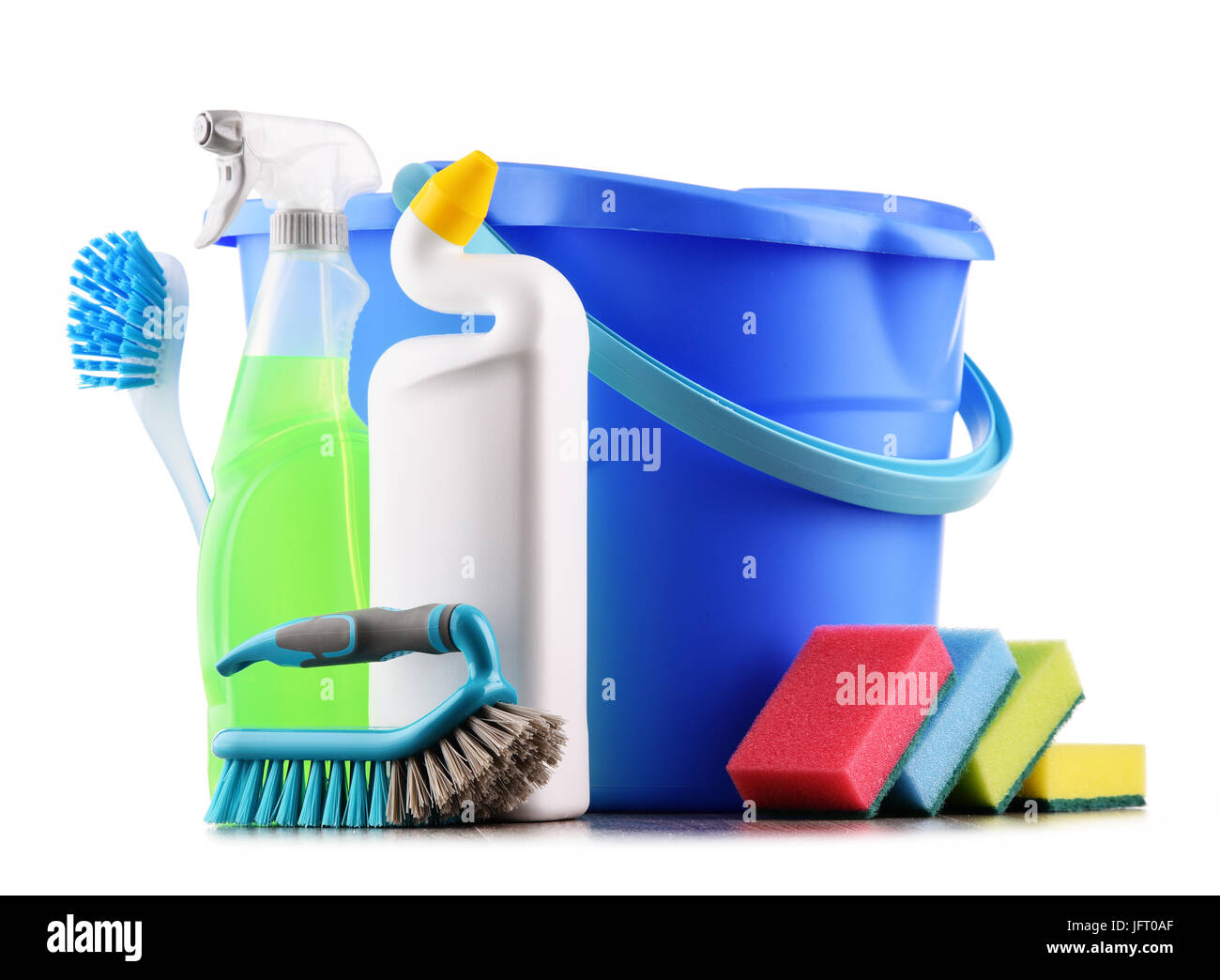 Chemical cleaning supplies isolated on white Stock Photo - Alamy