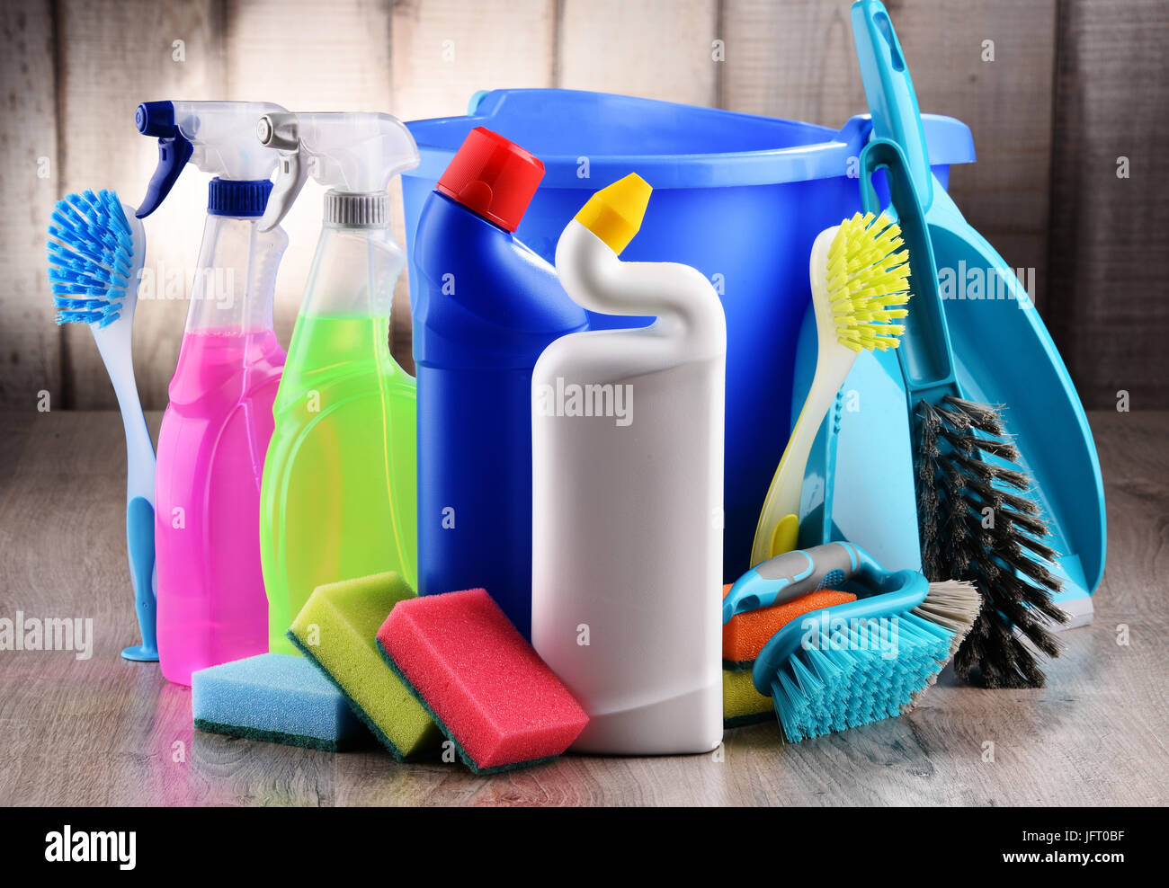 Variety of detergent bottles and chemical cleaning supplies Stock Photo ...