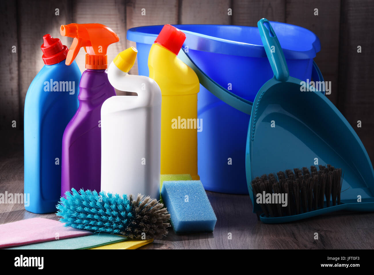Variety of detergent bottles and chemical cleaning supplies Stock Photo ...