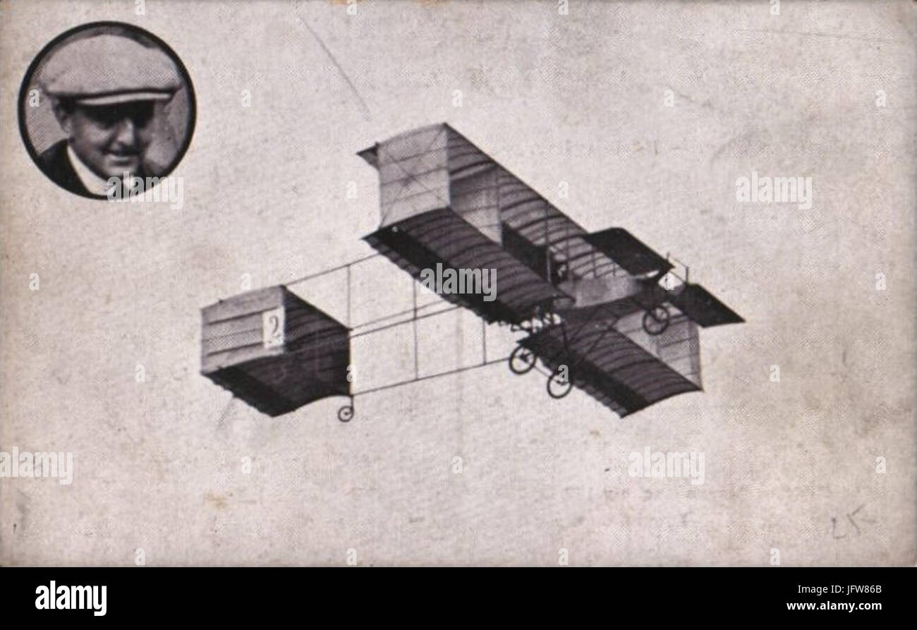 Anvers Aviation Meeting in 1909. Rougier flying a Voisin biplane with a ...