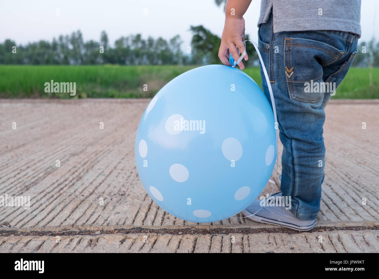 Little boy with a blue dot balloons looking at the in spring field ...