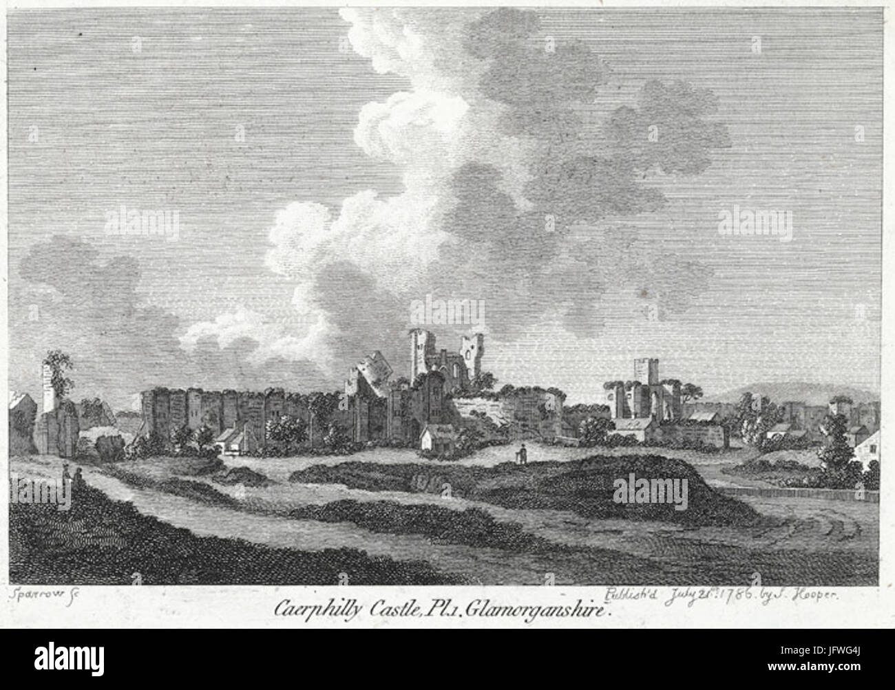 An engraving of Caerphilly Castle, located in Glamorganshire, Wales ...